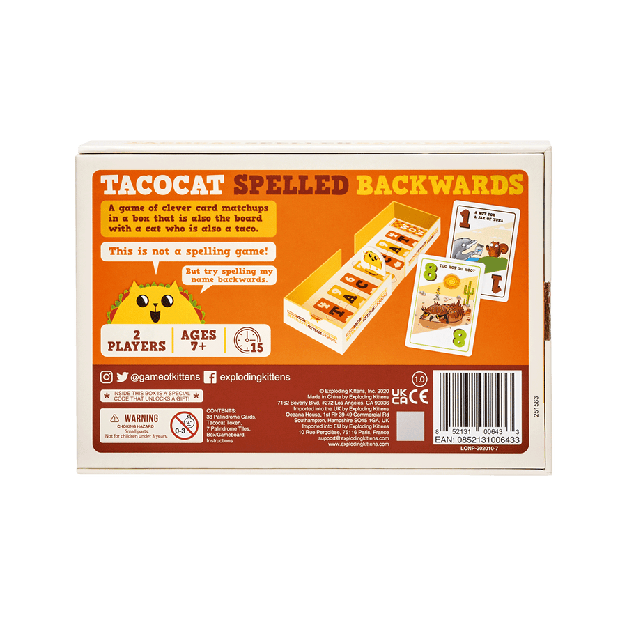 Tacocat Spelled Backwards | 2 Player Board Game | Exploding Kittens